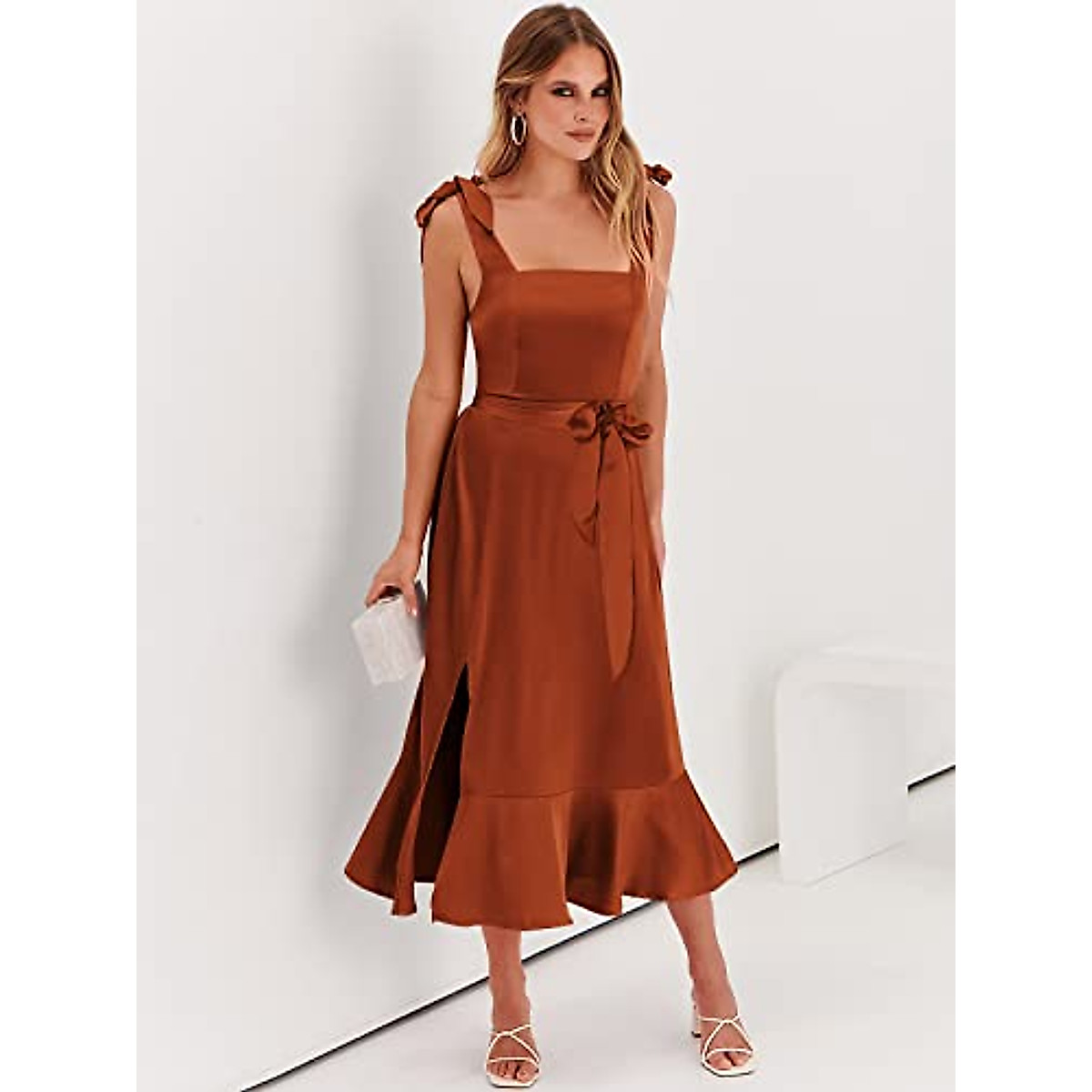 ANRABESS Women's Satin Formal Dress Square Neck Ruffle Split Midi Bridesmaid Dress for Wedding Guest Cocktail Party A1008jiaotang-M Caramel