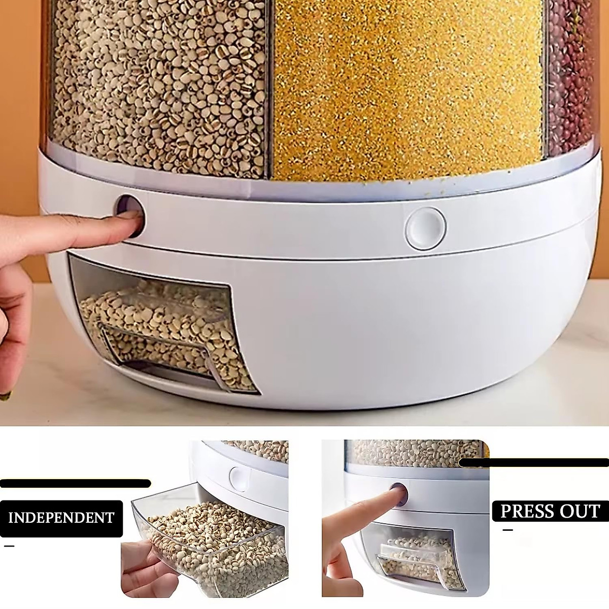 Rice Dispenser Kitchen Moisture-Proof 6-Grid Rotating Food Grain Dispenser Cereal Storage Box Rice Container Dispenser Min:10kg (10, Kilograms) Max:15kg (15 kilograms)