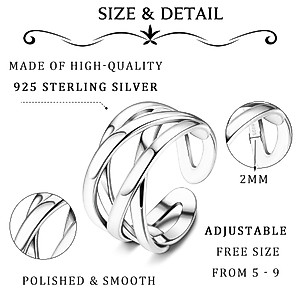 ZELORES 925 Sterling Silver Celtic Knot Rings Open Knuckle Rings for Women Adjustable Thumb Finger Rings Minimalist Cross Line Band Rings (Silver)