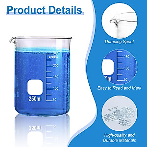 Glass Beakers Set, 5 Sizes - 10ml, 25ml, 50ml, 100ml, 250ml, 3.3 Borosilicate Beaker for Laboratories, Classrooms or Home, Griffin Low Form Lab Beakers