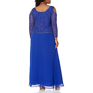 J Kara Women's Cold Shoulder Beaded Gown, Royal/Mercury, 16