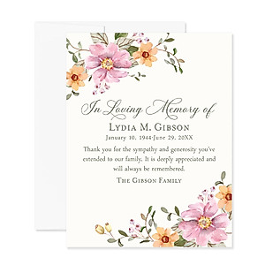 Hello Love Goods Soft Pink and Orange Floral Sympathy Thank You Cards, 4.25x5.5 Flat Personalized Funeral Thank You Cards with Envelopes