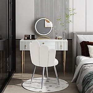 BOWTHY Vanity Chair for Makeup Room - Midcentury Modern Accent Chair for Living Room Bedroom, Velvet Chair with Back Support and Metal Legs (White)