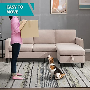 BALUS Sectional Sofa Bed, 85" W Linen Sleeper Couch with Storage Ottoman, Convertible Sleeper Sofa, Couches for Living Room, Chaise Lounge Indoor, Easy Assembly, Beige