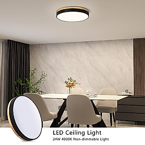 VIOLOEMI Modern Black Ceiling Light, Wood LED Close to Ceiling Lighting Fixtures, Round Flush Mount Ceiling Lamp for Kitchen Bedroom Bathroom Laundry Room Nursery Room Hallway（15.74 Inch）