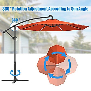 Tangkula 10 FT Patio Offset Umbrella with 360 Degree Rotation, Solar Powered LED Umbrella with Crank Handle & Cross Base, Outdoor Market Umbrella with Aluminum Pole