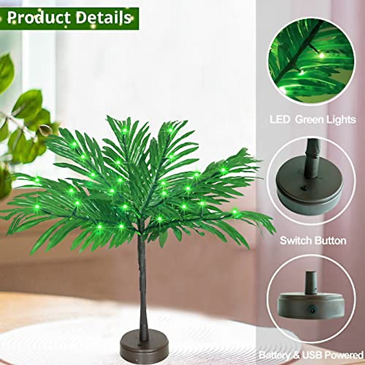 23In Lighted Palm Tree Table Decor, Tropical Artificial Palm Tree Lights Branches Battery USB Powered, LED Mini Light Up Palm Tree Decor Table Centerpiece for Luau Summer Hawaiian Party Tiki Bar Home
