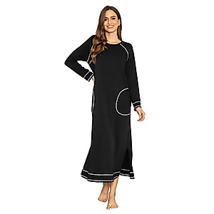 Ekouaer Long Nightgown for Women Full Length Night Shirt Sleepwear with Pocket Loungewear Dress A-black