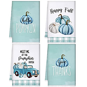 Sratte 4 Pcs Fall Kitchen Towels 16 x 24 Inch Blue Pumpkin Dish Towels Thanksgiving Decorative Tea Towels Autumn Harvest Hand Towels Blue White Absorbent Dishcloth for fall Home Bathroom Kitchen Decor