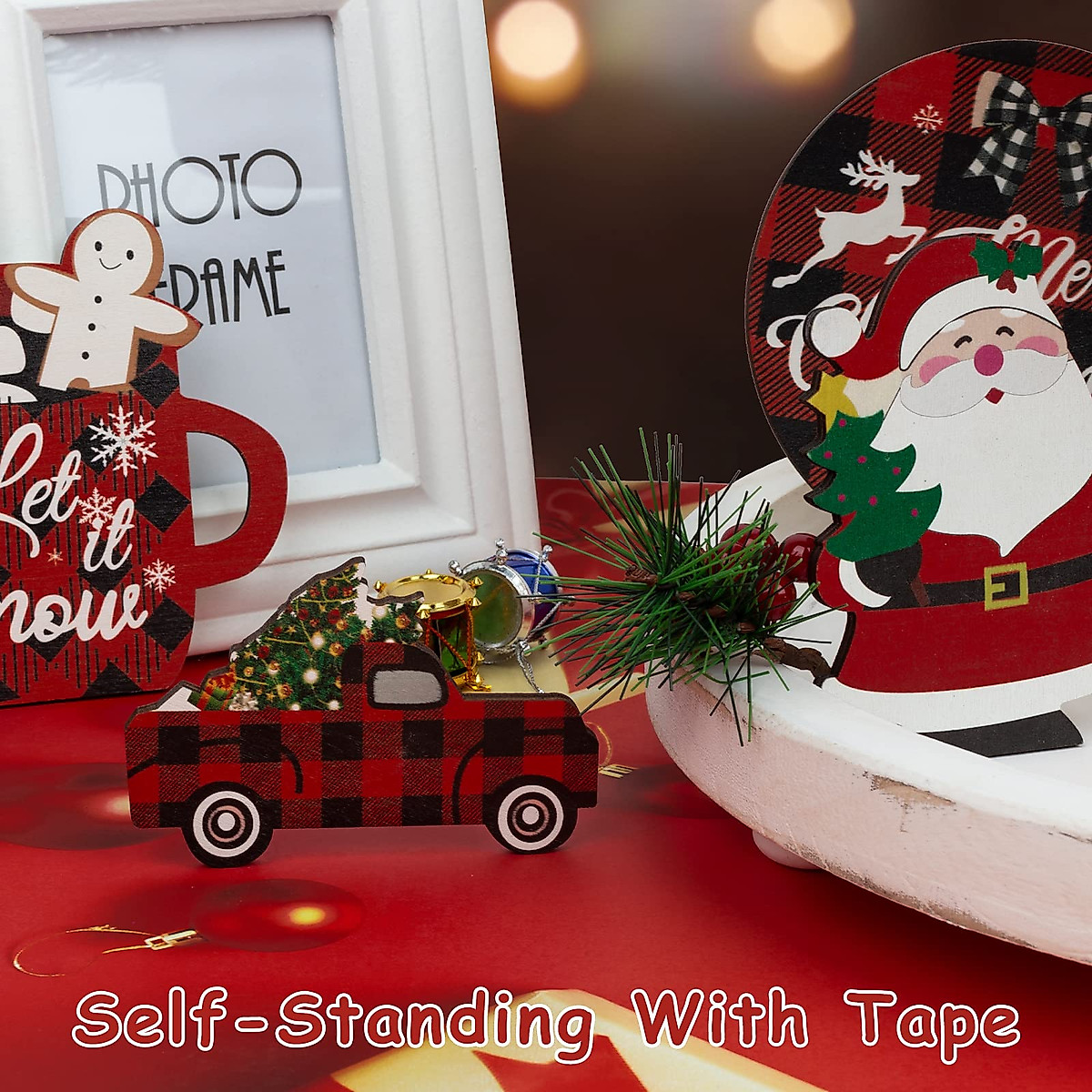 INHOTBY Christmas Decor-Farmhouse Rustic Country Winter Tiered Tray Christmas Decor Set,8Pcs Wooden Signs Gingerbread Buffalo Plaid Christmas Table Top Decorations Indoor Home Room(Tray Not Including)