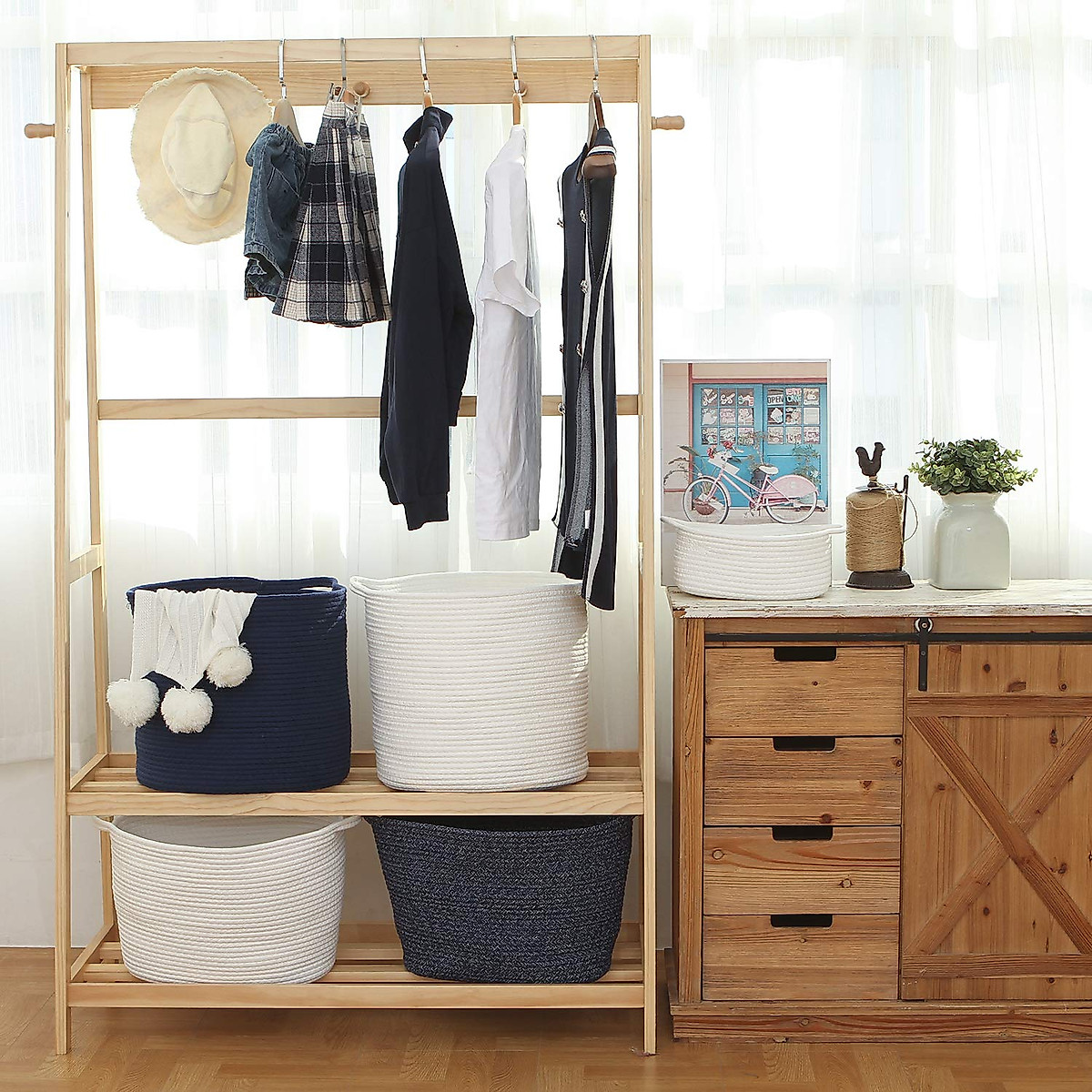 Sea Team Medium Size Cotton Rope Woven Storage Basket with Handles, Laundry Hamper, Trunk Organizer, Clothes Toys Bin for Kid's Room, 14 x 14 inches, Round Open Design, Dark Blue