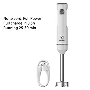 Cordless Hand Blender, UTALENT Variable Speed Immersion Blender Rechargeable, with 500ml Chopper, 600ml container, Egg Whisk, for Smoothies, Baby Food and Soups – White
