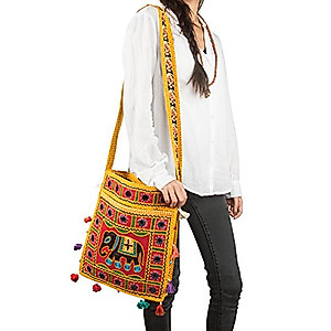 Tribe Azure Hobo Cross Body Elephant Messenger Shoulder Bag Mirror Embroidered Roomy Women Purse Tote Colorful Casual Everyday Hippie Boho (Mustard)