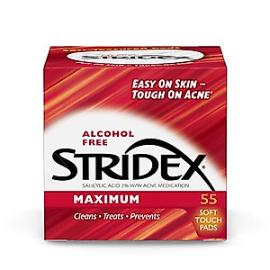 Stridex Medicated Acne Pads, Maximum, 55 Count – Facial Cleansing Wipes, Alcohol Free, Acne Treatment for Face, For Moderate Acne, Smooth Application