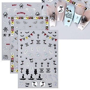 JMEOWIO 12 Sheets Halloween Nail Art Stickers Decals Self-Adhesive Pegatinas Uñas Skull Ghost Witchy Spider Web Bat Pumpkin Spook Nail Supplies Nail Art Design Decoration Accessories