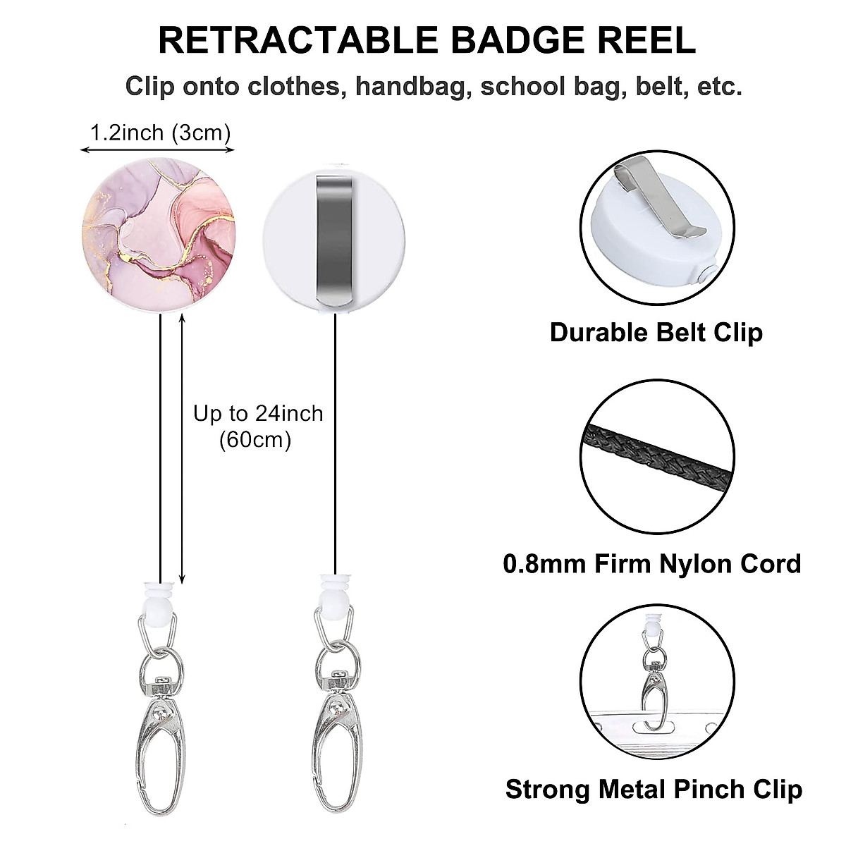 Badge Reels Retractable with Carabiner Reel Clip, Worker Badge Holder Belt Ferrule, Identity ID Badge Holder Case, Nurse Doctor Office School Teacher Name Credit Card Pocket (H-Marble Pretty)