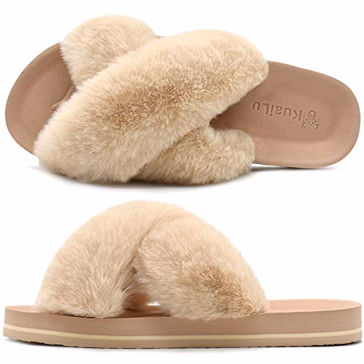 KuaiLu Womens furry ladies slides Open Toe Slippers cozy Lightweight Soft Yoga Mat Cross Band Slippers fluffy warm Slippers