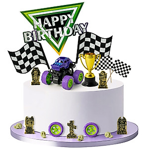 Haooryx Green and Purple Monster Truck Cake Toppers 40Pcs Monster Truck Racing Car Cake Decoration Birthday Dessert Cupcake Cake Topper Decor for Kids Theme Birthday Party Baby Shower Decor Supplies