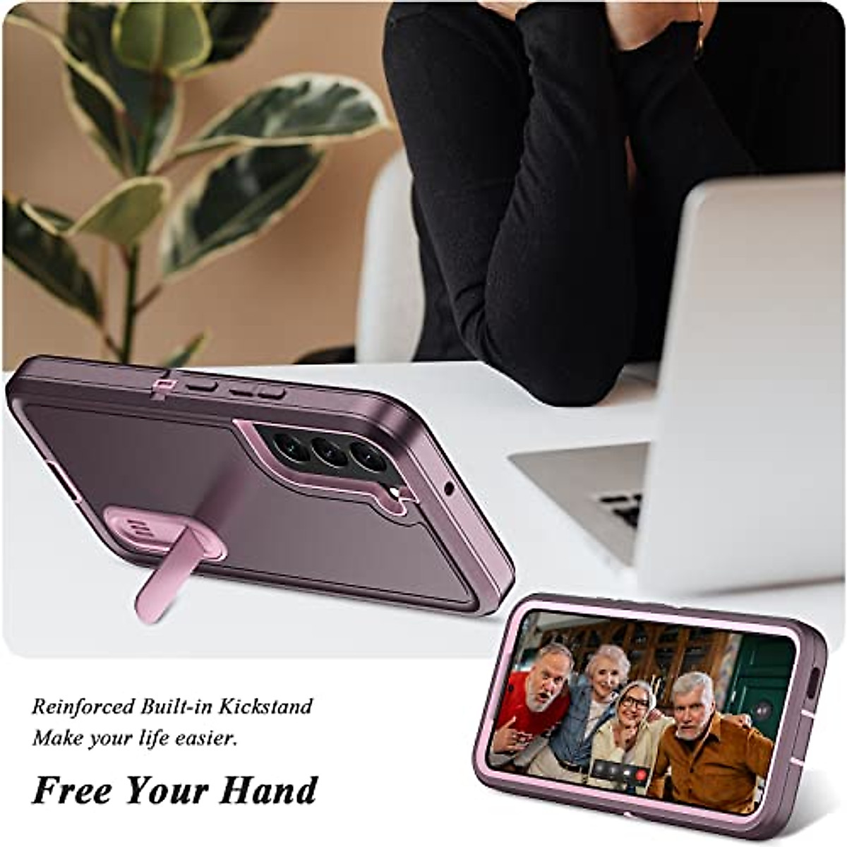 Qireoky for Samsung Galaxy S22 case with Stand Heavy Duty Protective Multi Layers 3 in 1 Shock Absorb Bumper Anti-dust Port Cover Non-Slip Drop Proof Phone Case for Samsung S22(Purple)