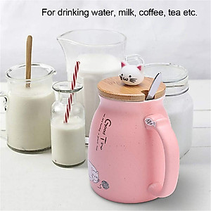 F FINEC 15oz Cute Cat Ceramic Mug, 450ml Milk Coffee Tea Cup With Spoon And Three-dimensional kitty Wood Lid, Heat-Resistant Cartoon Kitten Mugs For Children Office Lovers Gifts