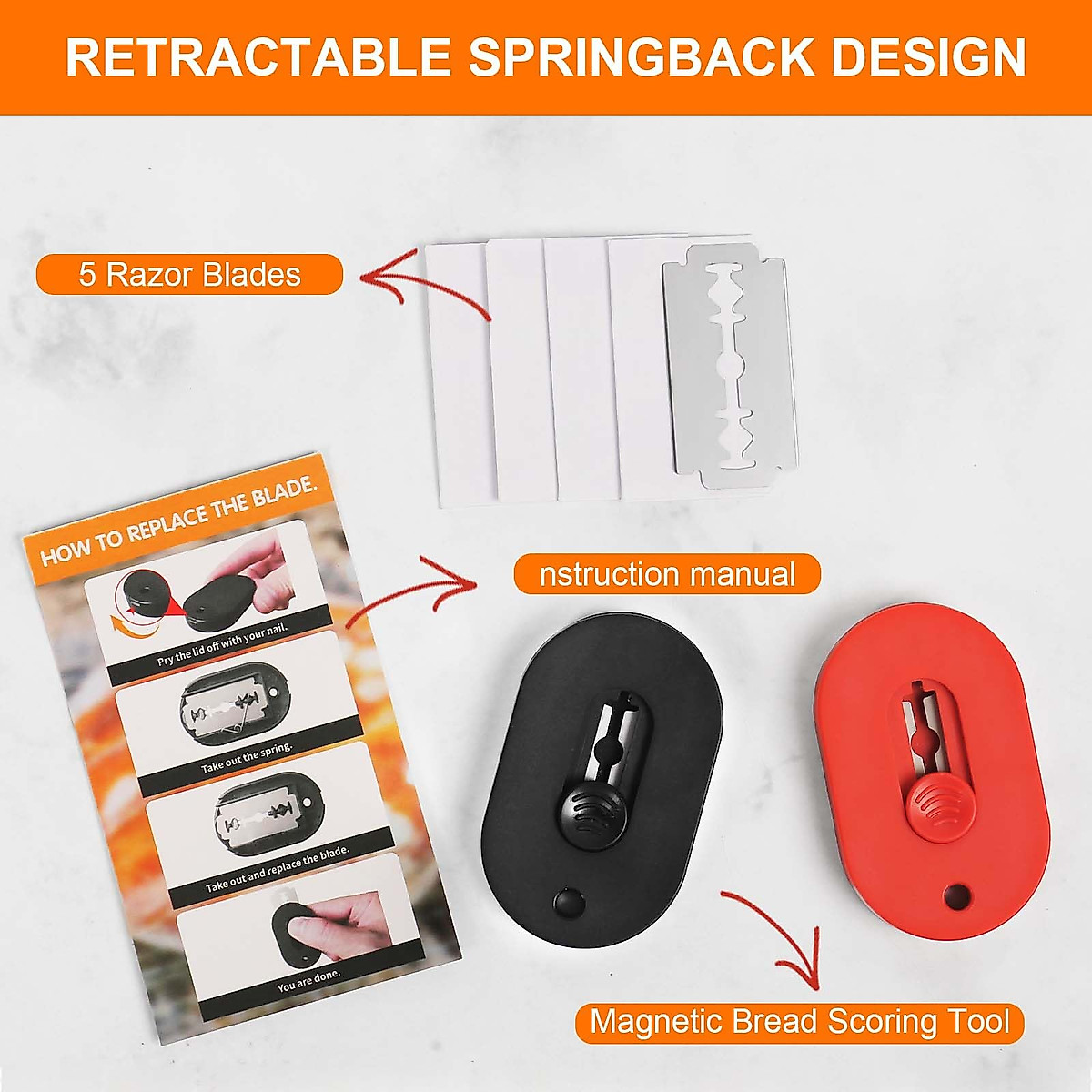 YRAKOZIN Magnetic Bread Lame Dough Scoring Tool, Retractable Razor for Sourdough Bread Baking & Bread Making Tool - Contains 5 Razor Blades (1, Black)