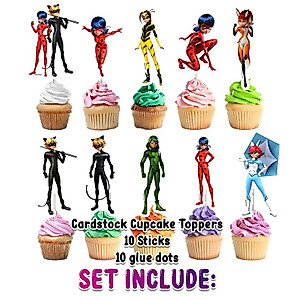 Miraculous Ladybug Cupcake Toppers for Kids. Cartoon Miraculous Ladybug Theme Birthday Party Supplies.