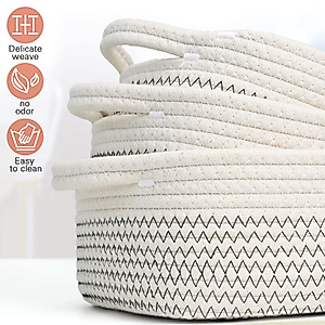 MZVUL Cotton Rope Storage Basket, 5 PCS Woven Baskets for Organizing, Dog Toy Storage Small Baskets, Cuboid Woven Storage Basket with Handles for Baby Nursery, Bathroom Organizer Bins (Black Stripe)