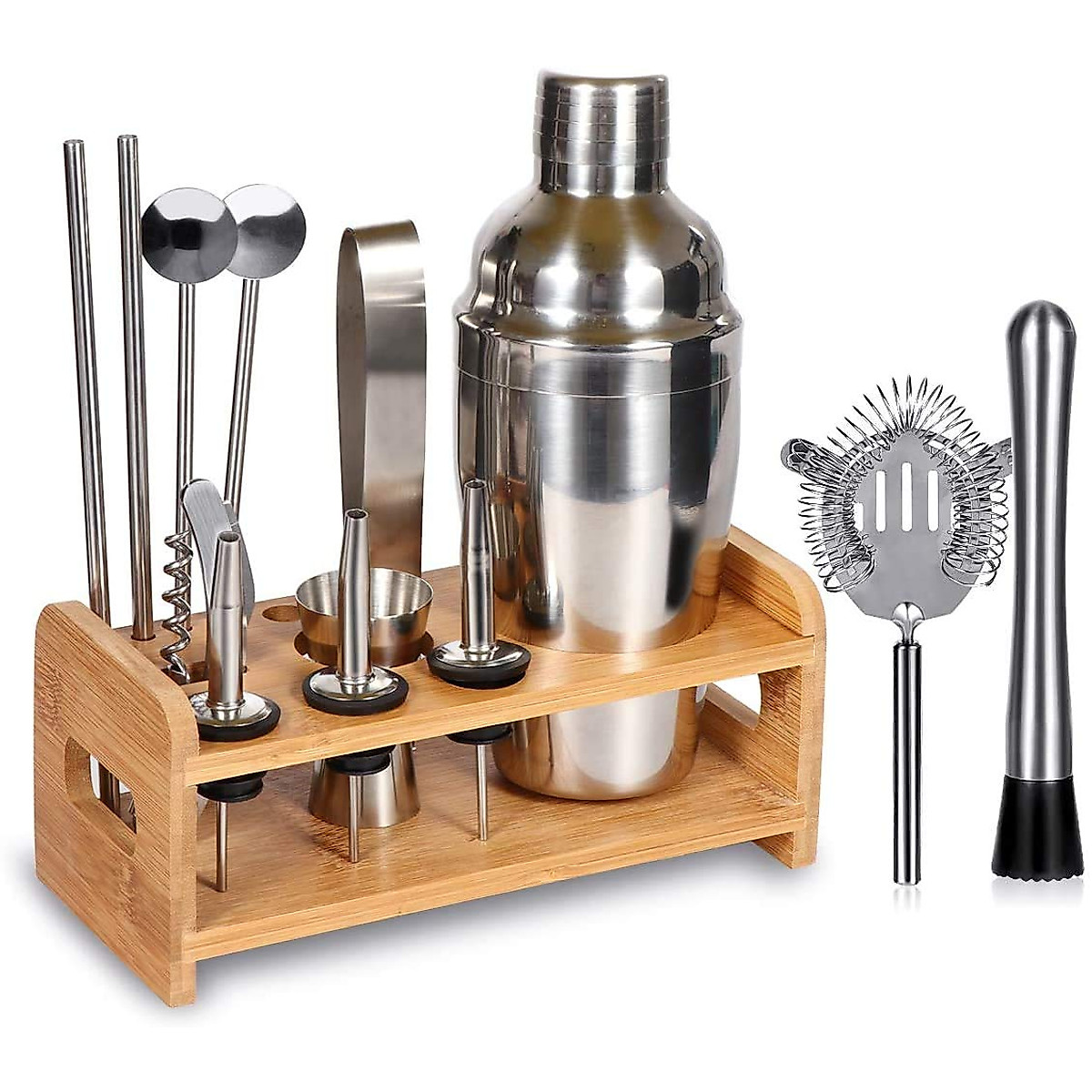 Cocktail Shaker Set with Stand, 15 Piece Bartender Kit Home Bar Accessories - Martini Shaker with Built-in Strainer, Muddler, Jigger, Drink Shaker 304 Stainless Steel, House Warming Gitfs New Home