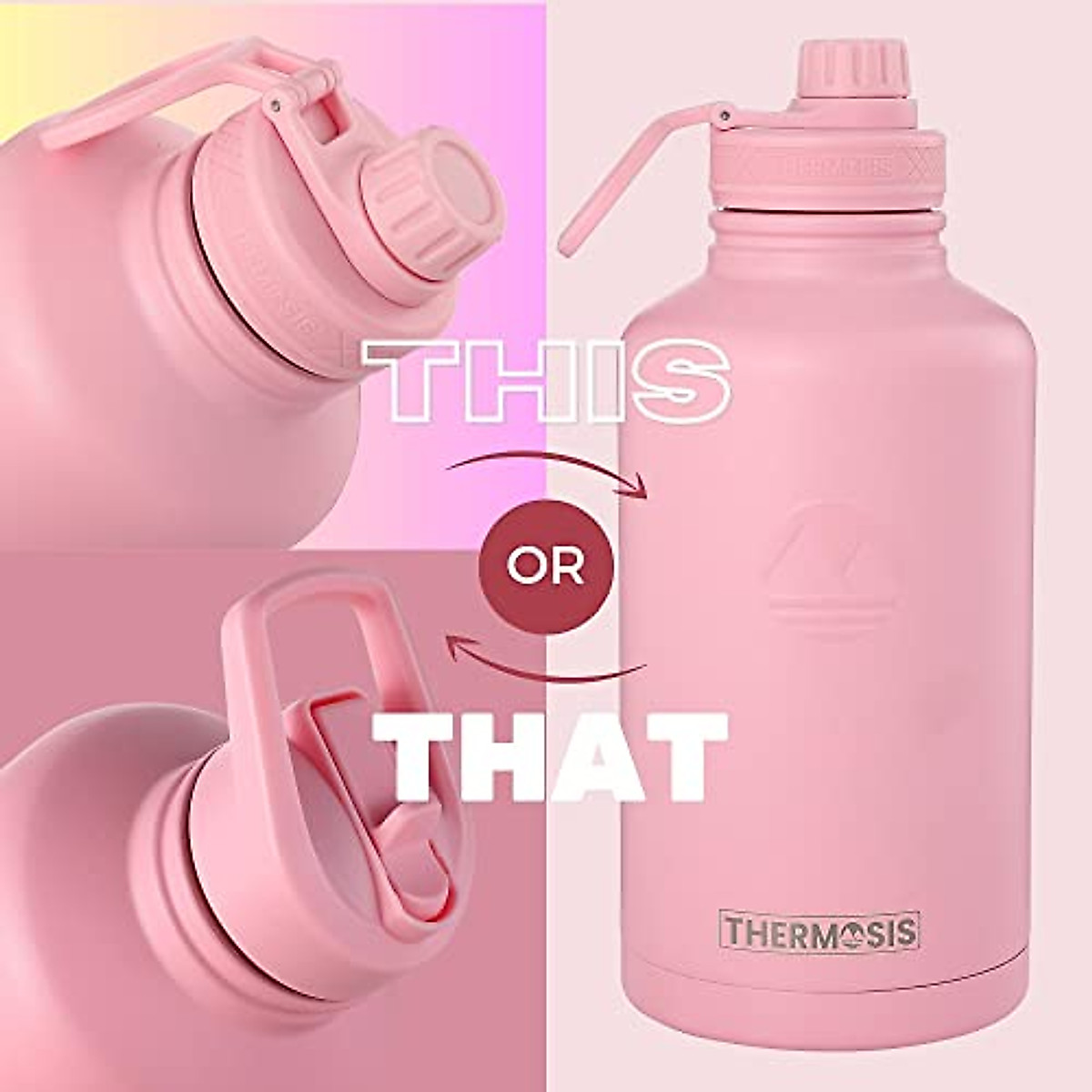 THERMOSIS 64 Oz Water Bottle With Straw, Half Gallon Water Bottle Thermos With Wide Mouth Opening and 2Lids. Includes Sports Water Bottle Holder With Strap (1/2 Gallon Water Jug) - Pink Water Bottle