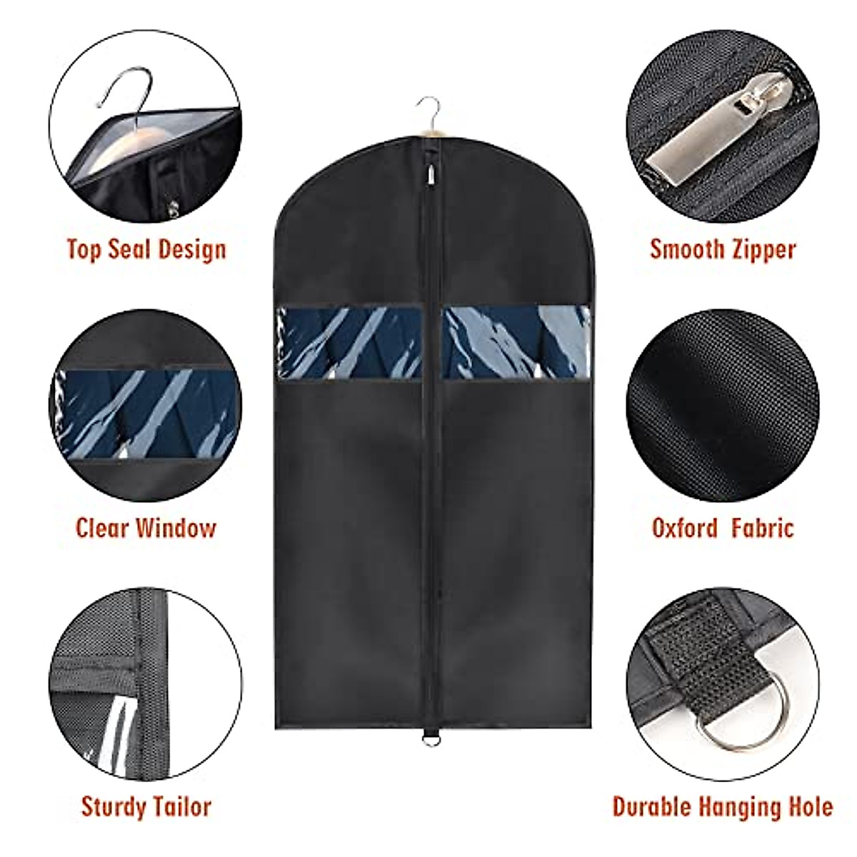 Univivi Garment Bag Suit Bag for Storage and Travel 43 inch, Washable Suit Cover for T-Shirt, Jacket, Suits, Coats, Set of 5, Oxford Fabrics