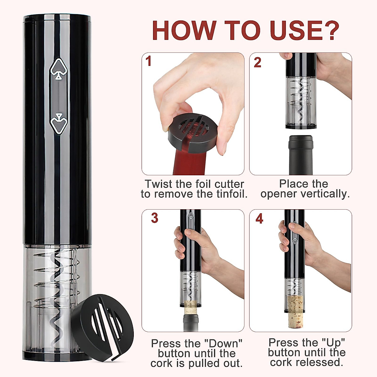 Electric Wine Bottle Opener, Wine Opener, Corkscrew with Foil Cutter, Auto Reusable Easy Carry Wine Opener, Batteries Powered