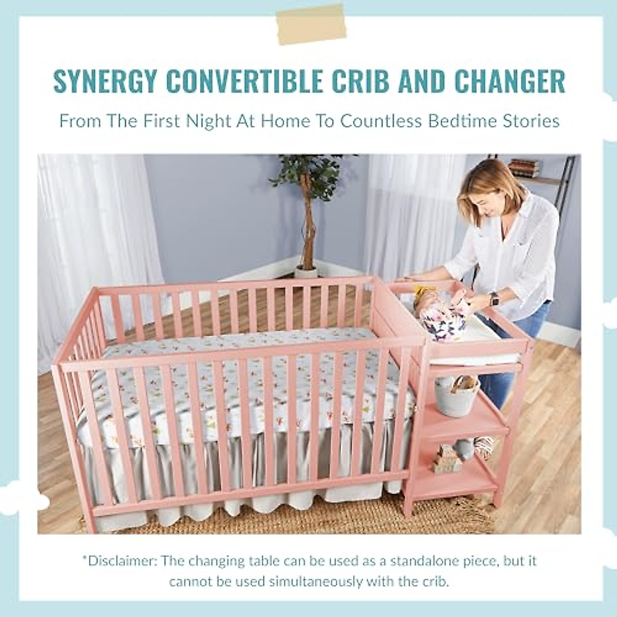 Dream On Me Synergy Convertible Crib and Changer in Dusty Pink with Detachable Changing Table, JPMA Certified, 1” Changing pad