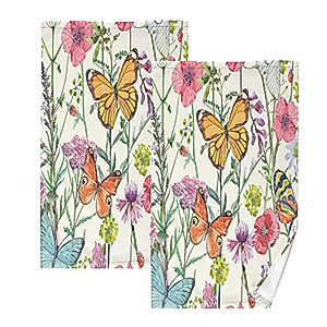 Kigai Watercolor Butterflies Hand Towels Set of 2, Highly Absorbent Soft Towel Decorative Cotton Hand Towel for Kitchen Bathroom 16x28 Inch