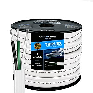 8/3 AWG UL 1426 (The Real Thing) Triplex Flat Marine Wire - Tinned Copper Boat Cable - 45 Feet - White PVC Jacket