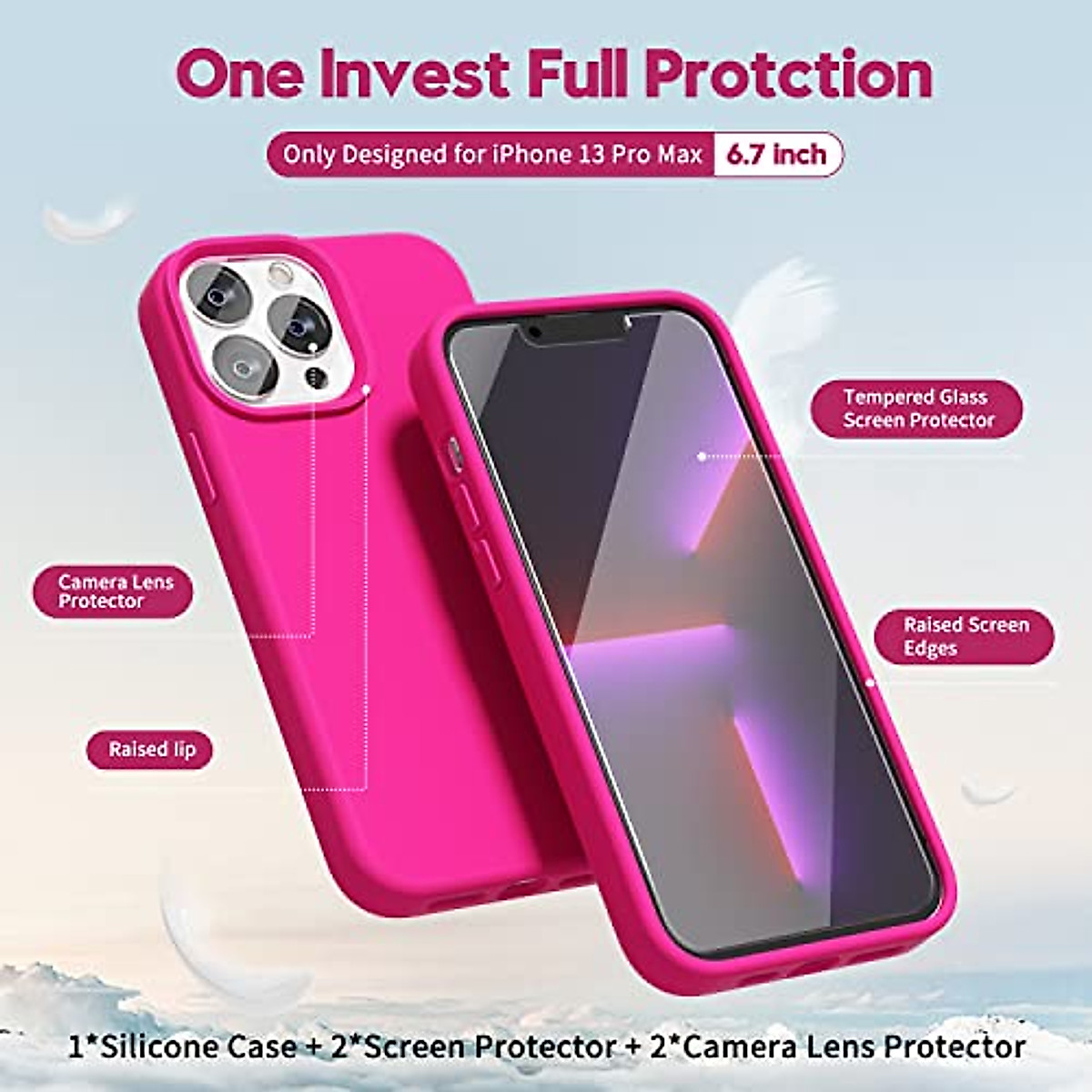 oakxco for iPhone 13 Pro Max Phone Case Liquid Silicone, Fluorescent Bright Solid Color, Cute Thin Slim Soft Rubber TPU Plain Smooth Gel Matte Protective Cover for Women Girl, Fuchsia Hot Pink