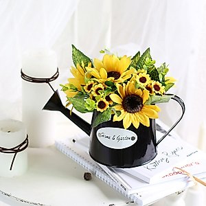 Takefuns Artificial Sunflowers and Metal Kettle Potted, Artificial Sunflowers Bouquet in Pot Bonsai, for Home Office Garden Party Wedding Table Decor