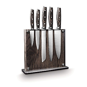 Art and Cook Stainless Steel 5 Piece Knife Set with 1 Magnetic Block: 8" Chef's Knife, 8" Slicer Knife, 8" Bread Knife, 5" Utility Knife, 3.5" Paring Knife, 1 Ash Wood Block