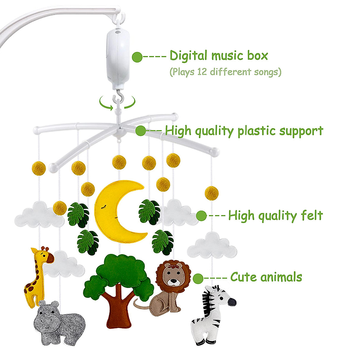 Musical Baby Crib Mobile for Boys & Girls - Jungle Safari Nursery Mobiles - Bassinet Mobile with Arm Holder