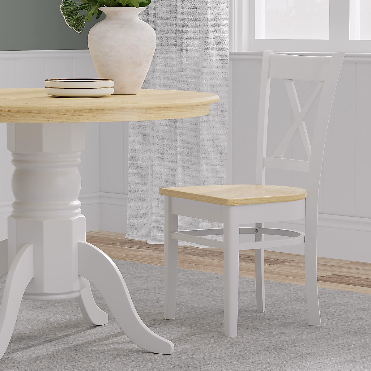 Glenwillow Home 5-PC - 42" Round Pedestal Dining Table + Cross Back Dining Chairs Dining Set in White/Natural