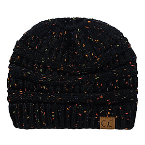 C.C BeanieTail Soft Stretch Cable Knit Messy High Bun Ponytail Beanie Hat, Confetti Black