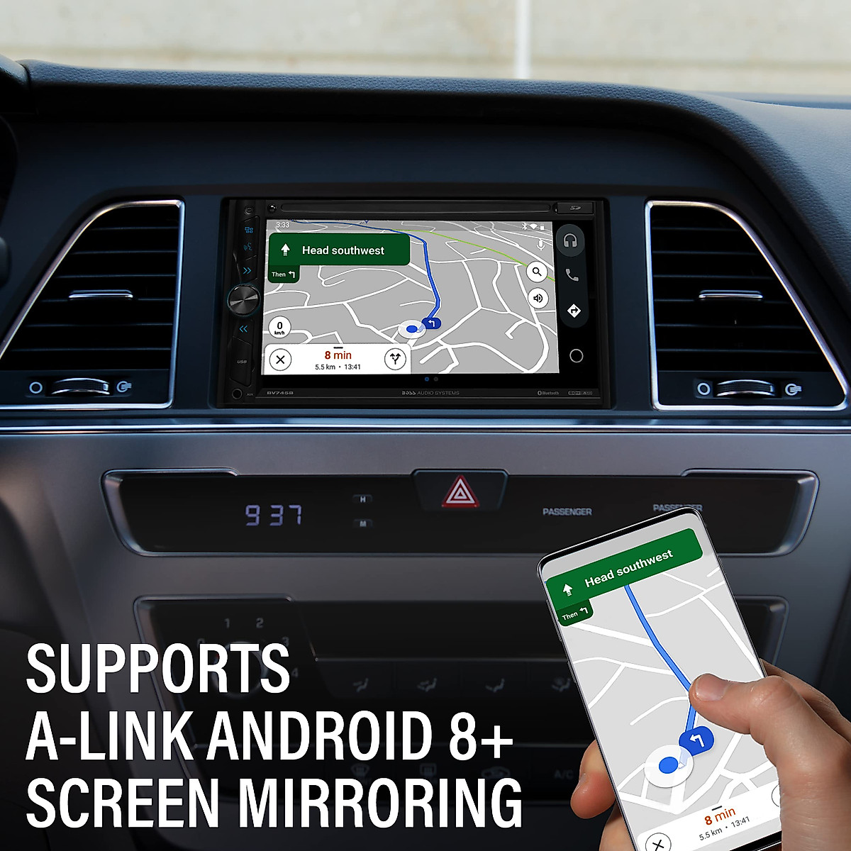 BOSS Audio Systems BV745B 6.95 Inch Touchscreen Car Stereo, A-Link Screen Mirroring, Double Din, Bluetooth Audio - Calling, Built-in Microphone, No CD/DVD, USB, SD, AUX in, AM/FM