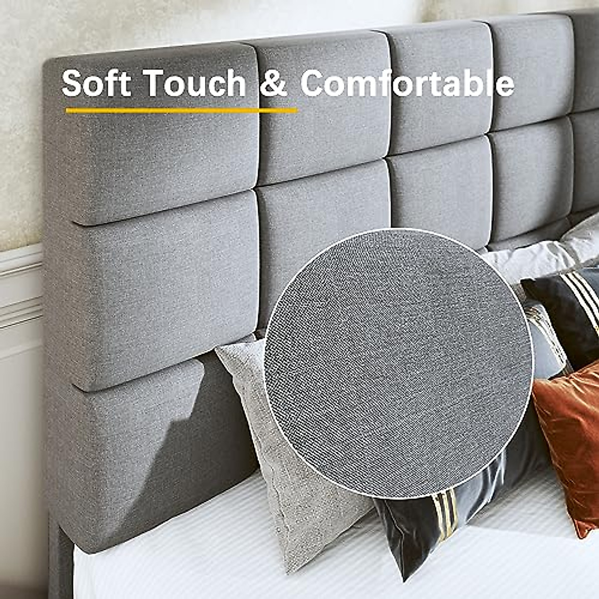 Fluest Queen Bed Frame Upholstered Bed Frame Platform with Adjustable Headboard Linen Fabric Tufted Headboard Wooden Slats Support, No Box Spring Needed, Easy Assembly, Mattress Foundation, Light Grey