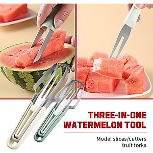 3-in-1 Watermelon Fork Cutter, 2024 New Stainless Steel Watermelon Popsicle Cutter Cutting Tool, Fast Watermelon Fork Fruit Cutting Tool (Green)