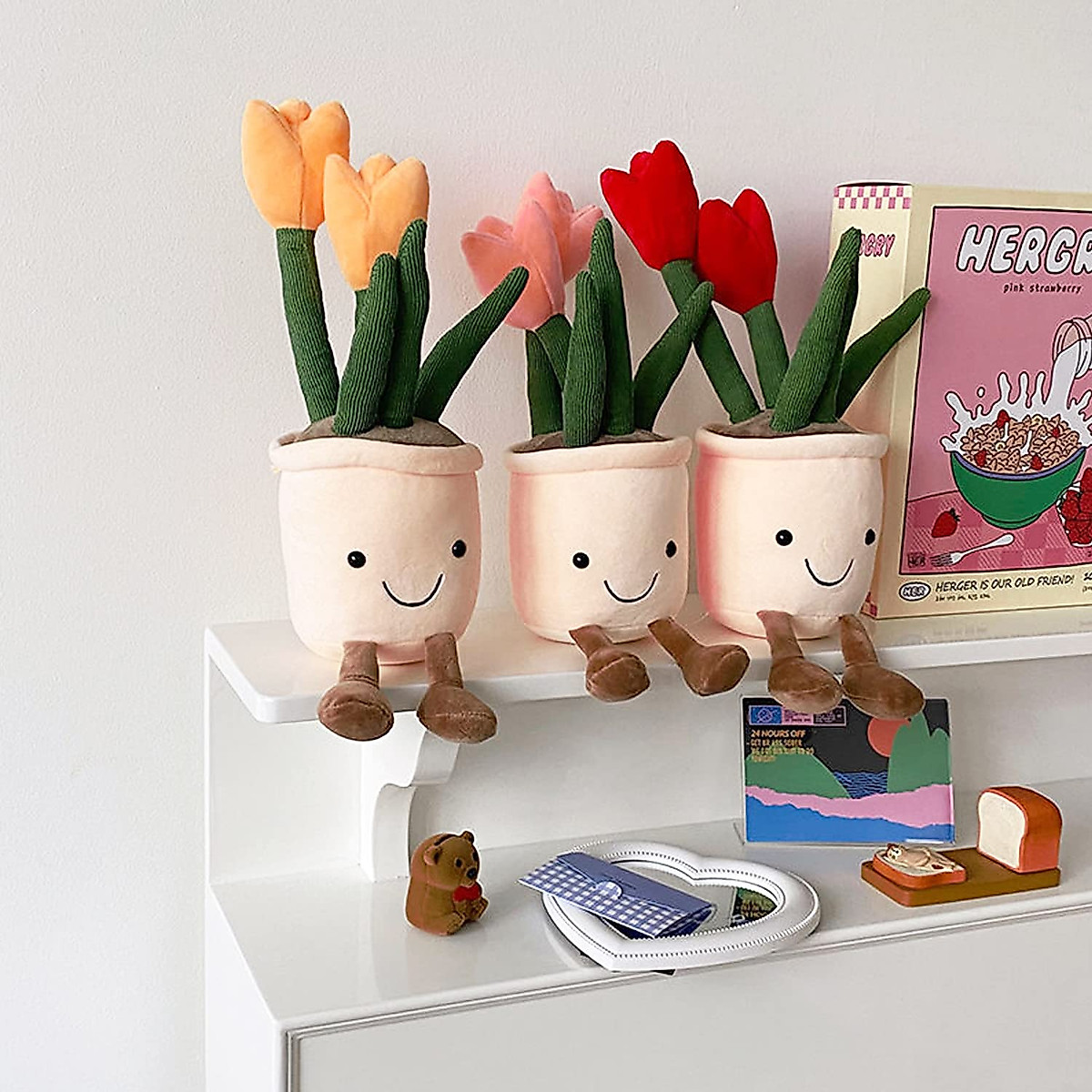 Quioee 3pcs Tulip Plush Toy, Stuffed Flower Pot Throw Plushie Doll, Soft Plush Toys Indoor Decoration Festival Gifts (Tulip-Red+ Orange+ Pink)