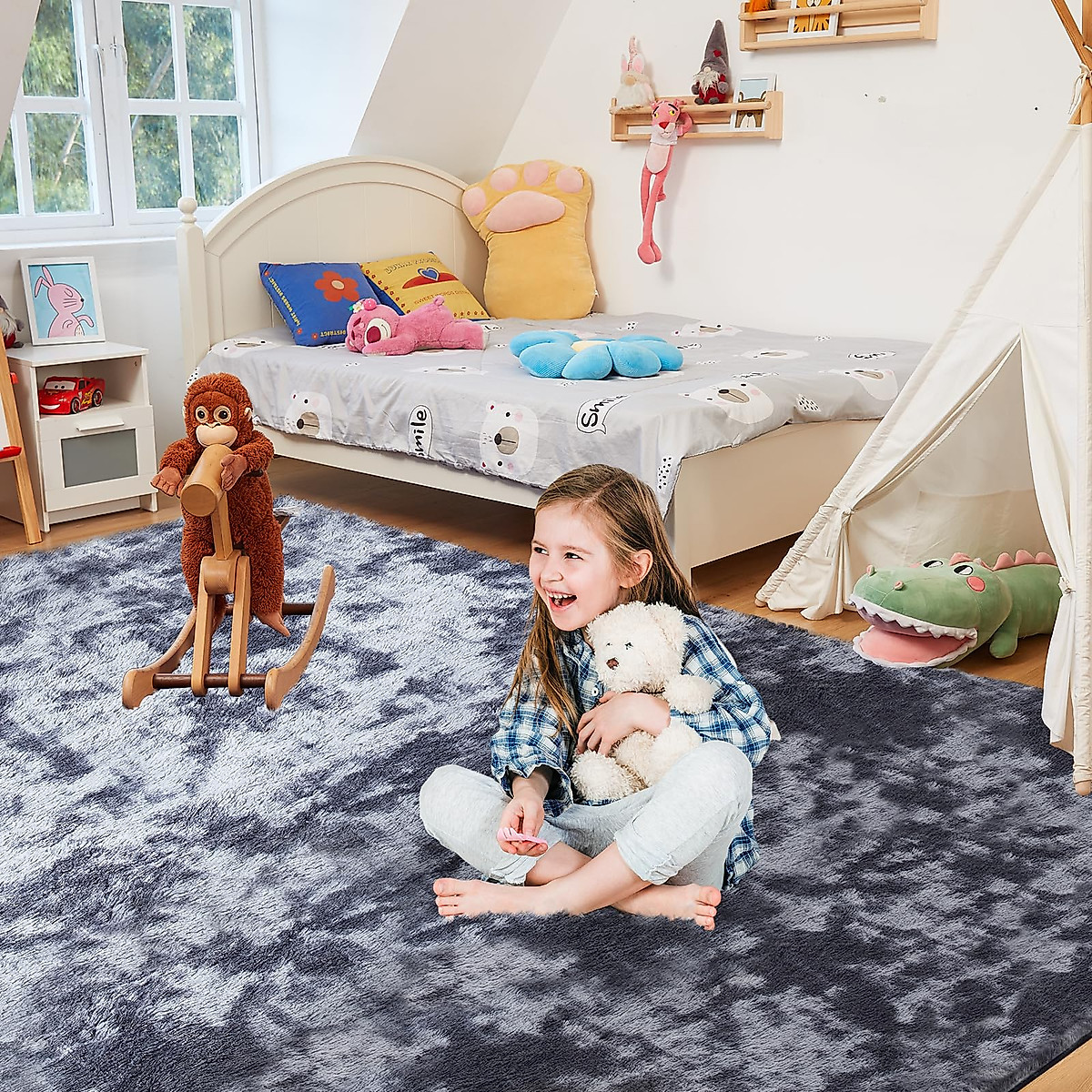 Super Soft Rugs for Living Room, 4X6 Fluffy Shag Area Rugs, High Pile Soft Carpet for Bedroom and Teens living Room, Home Decor, Tie-Dyed Dark Grey