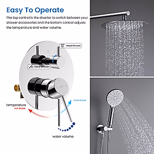 KIBI 2-Function Wall Mounted Circular Bathroom Shower System | Solid Brass Pressure Balanced Shower Faucet Set with High Flow Showerhead and Handheld Spray for Bathroom (Chrome, KSF403)