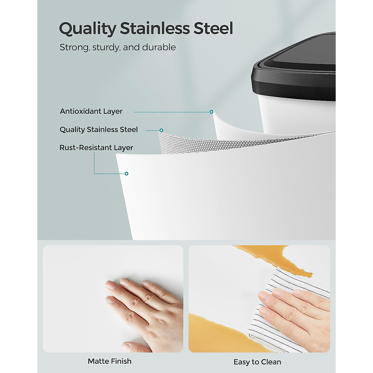 SONGMICS Kitchen Trash Can, 13 Gallon (50 L) Stainless Steel Garbage Can, with Stay-Open Lid and Step-on Pedal, Soft Closure, Tall, Large and Space-Saving, White and Black ULTB530W50