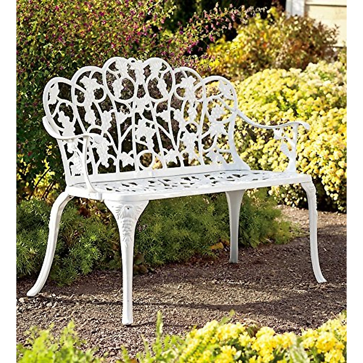 Plow & Hearth Weatherproof Grapevine Outdoor Bench | Holds Up to 300 lbs | Garden Patio Porch Park Deck | Metal | White