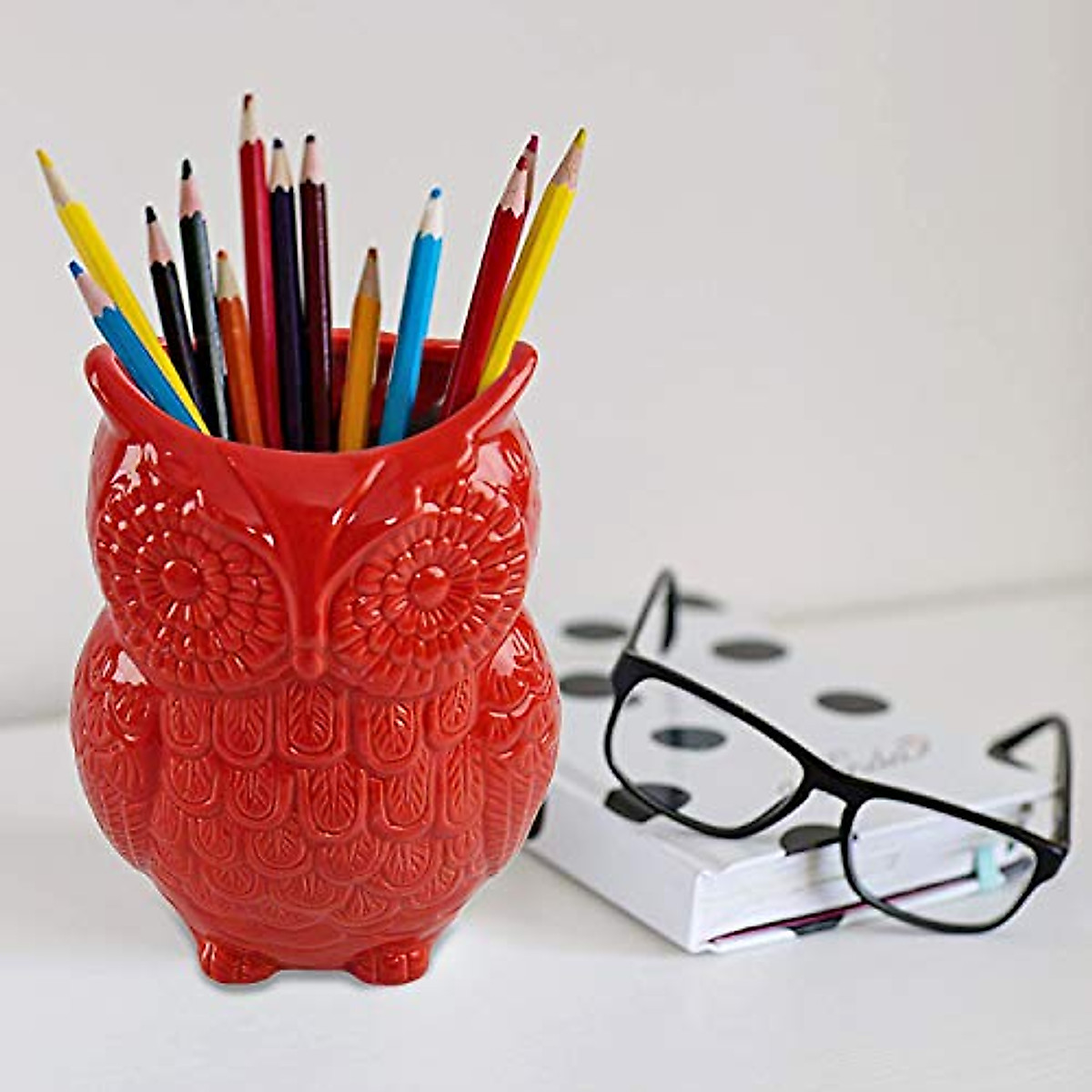 Home-X Ceramic Owl Utensil Holder - Kitchen Organizer, Large Utensil Caddy for Counter, Cooking & Spatula Storage Crock, Farmhouse Decor, Home & Kitchen Accessory, Red