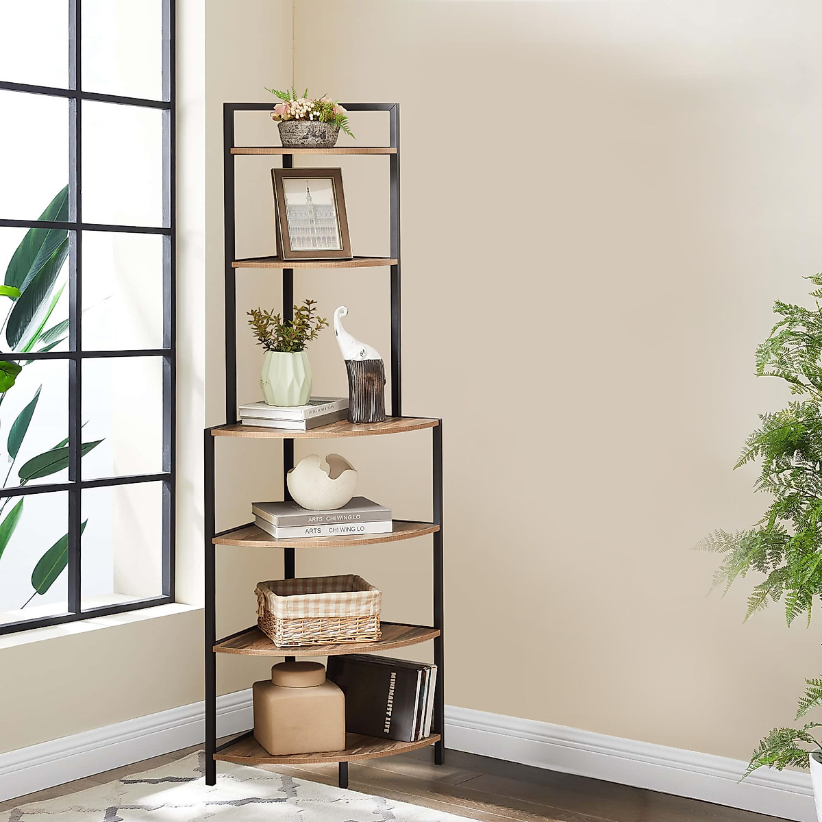 JOIN IRON Freestanding Corner Shelf, Industrial Style 6-Layer Corner Bookshelf with Metal Frame, Suitable for Corner bookcases in Small Spaces, bedrooms, Living Rooms, Rustic Brown